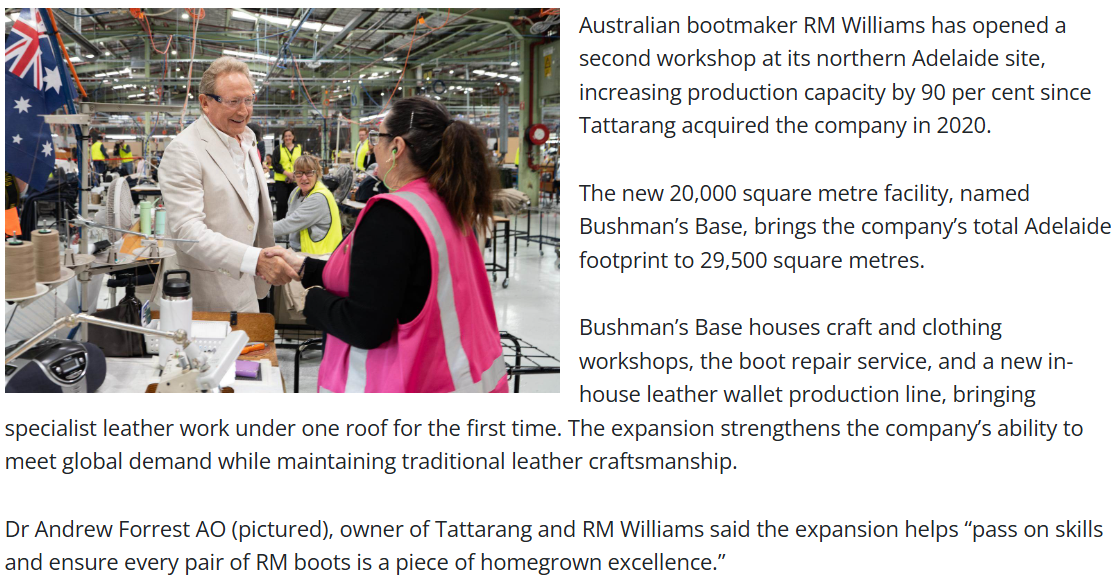 RM Williams expands Adelaide site with new leather workshop